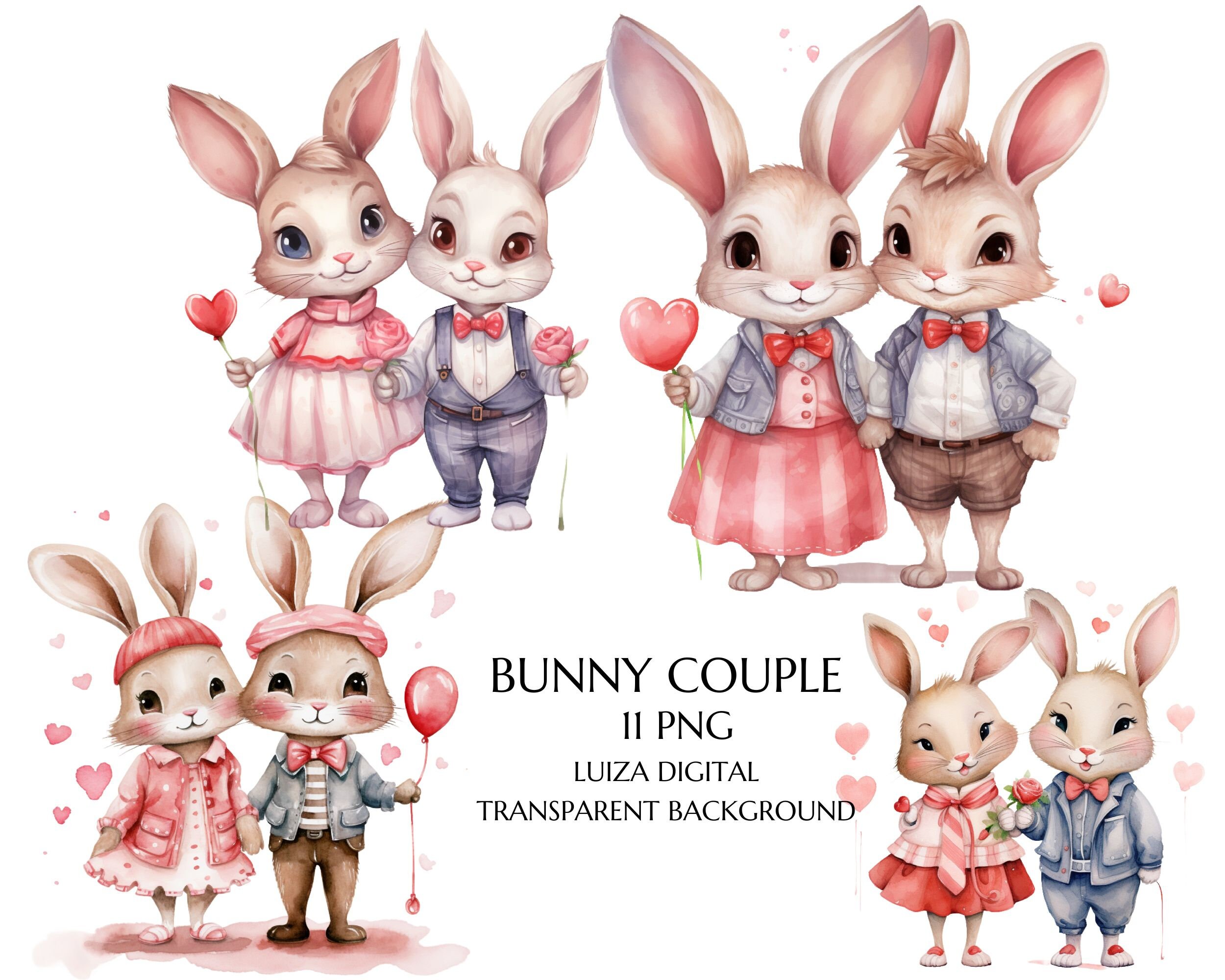 Valentine Watercolor Bunny Couple Clipart, Romantic Bunny Clipart ...