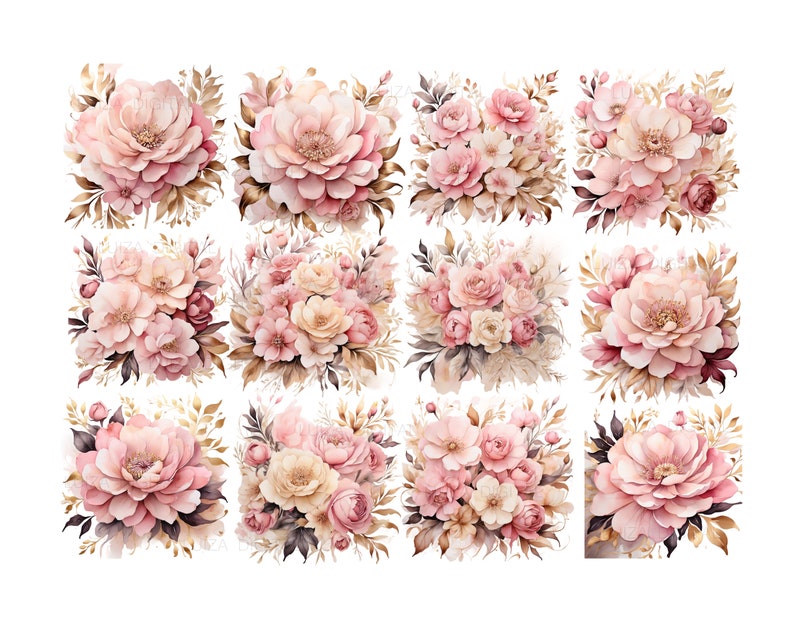 Pink & Gold Flowers PNG, Watercolor Floral Clipart Bouquets, Wedding ...
