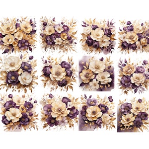 Purple and Gold Flowers PNG, Watercolor Floral Clipart Bouquets ...