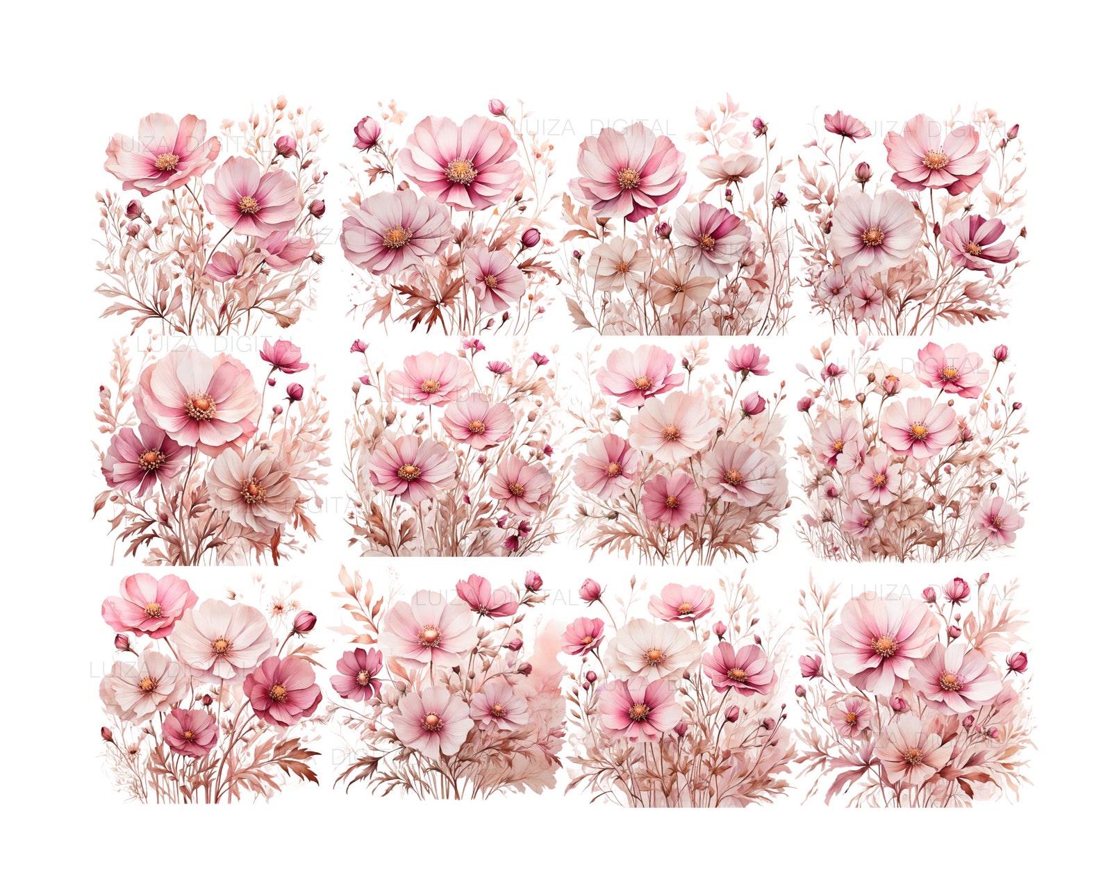 Rose Gold and Pink Wildflowers PNG, Watercolor Floral Clipart Bouquets ...