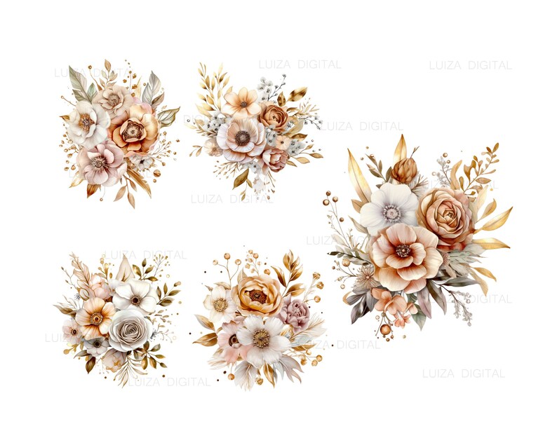 Gold Flowers PNG, Watercolor Floral Clipart Bouquets, Wedding Flowers ...