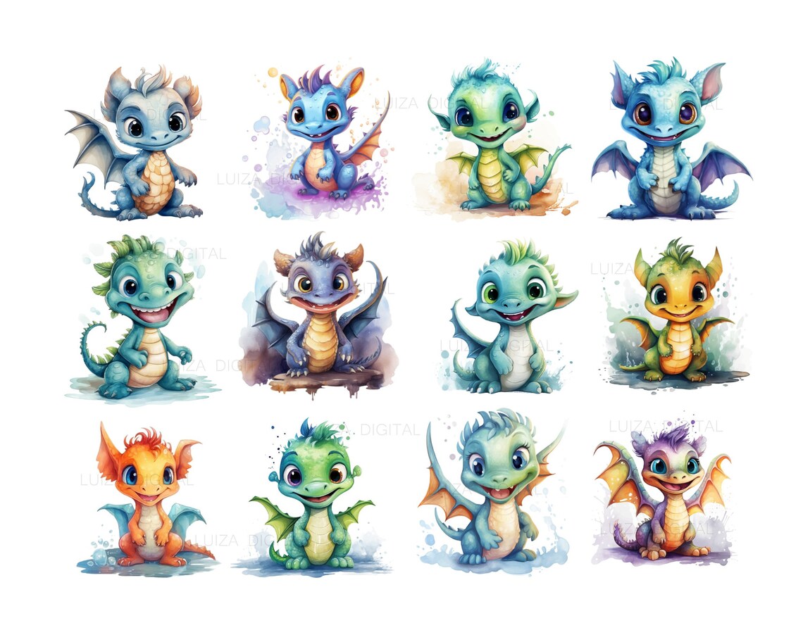 Cute Baby Dragon Clipart Bundle, Watercolor Fantasy Baby Dragon Clipart ...