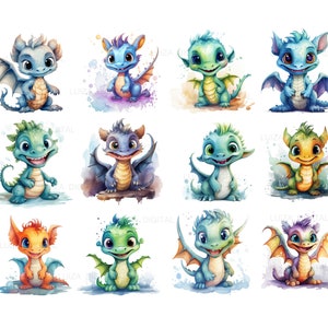 Cute Baby Dragon Clipart Bundle, Watercolor Fantasy Baby Dragon Clipart ...
