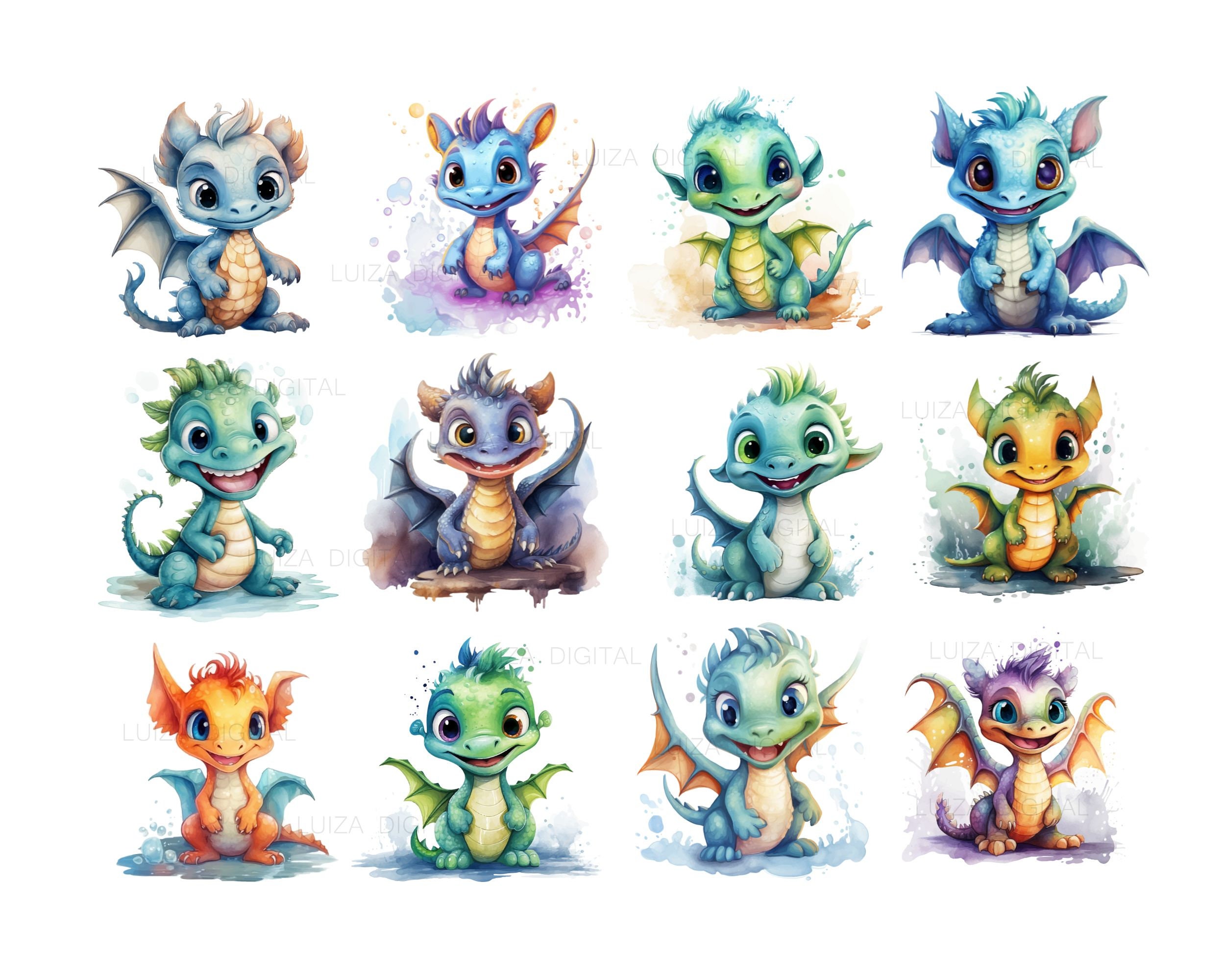 Cute Baby Dragon Clipart Bundle, Watercolor Fantasy Baby Dragon Clipart ...