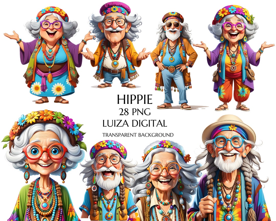 Watercolor Hippie Grandparents Clipart – Funny Granny PNG Bundle, Boho Old Couple Cartoon ...