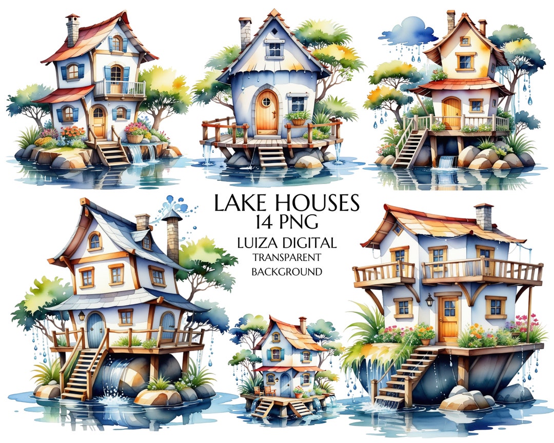 Watercolor Lake House Clipart, Cottage PNG, Enchanting Lake House ...