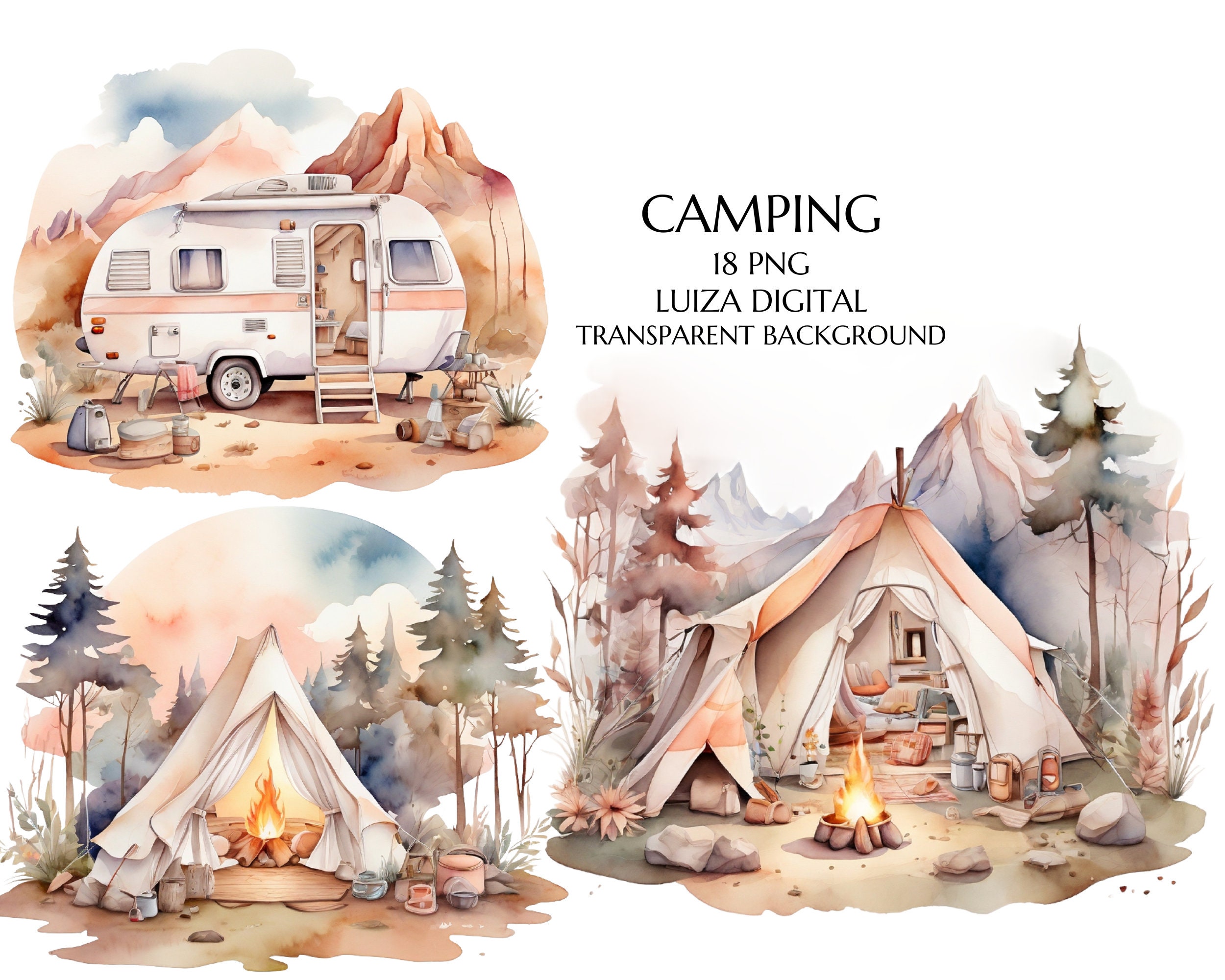 Watercolor Boho Caravan Clipart Bundle, Cute Floral Camper Vans, Cozy ...