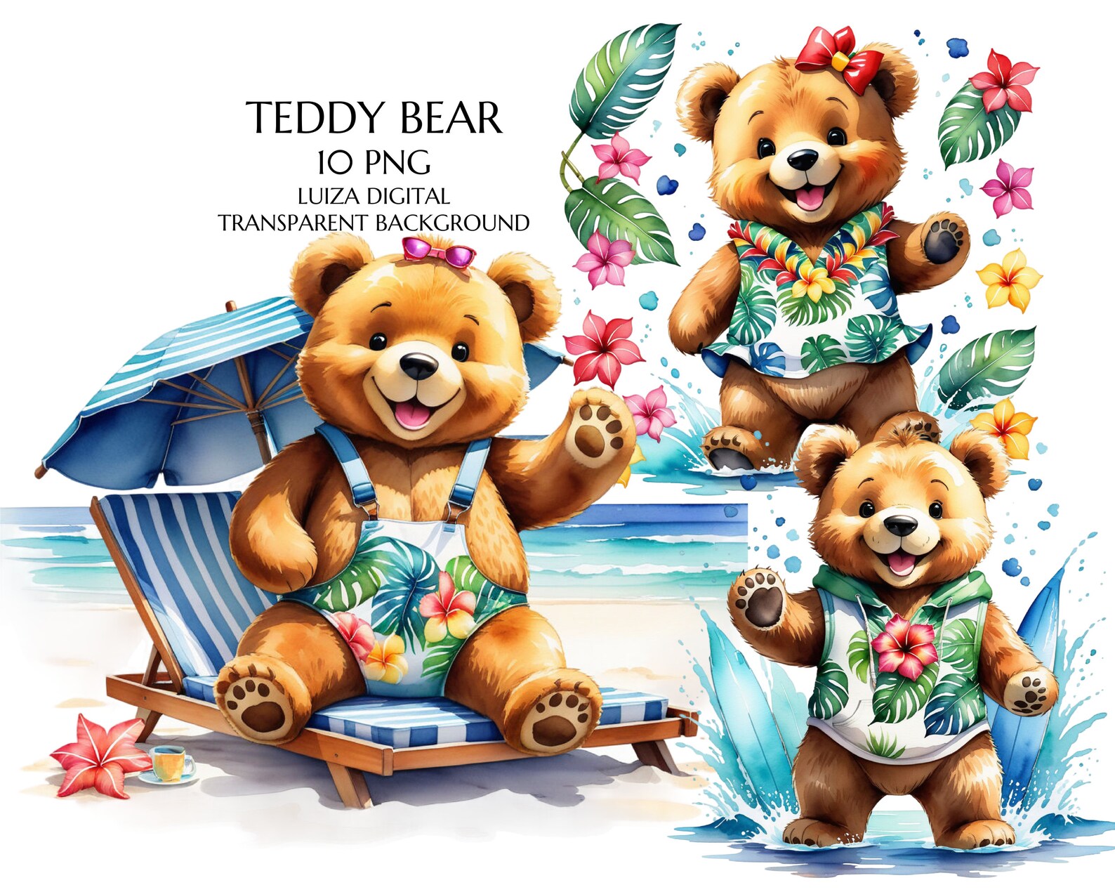 Beach Teddy Bear Clipart, Summer Nursery Clipart, Happy Baby Teddy Bear ...