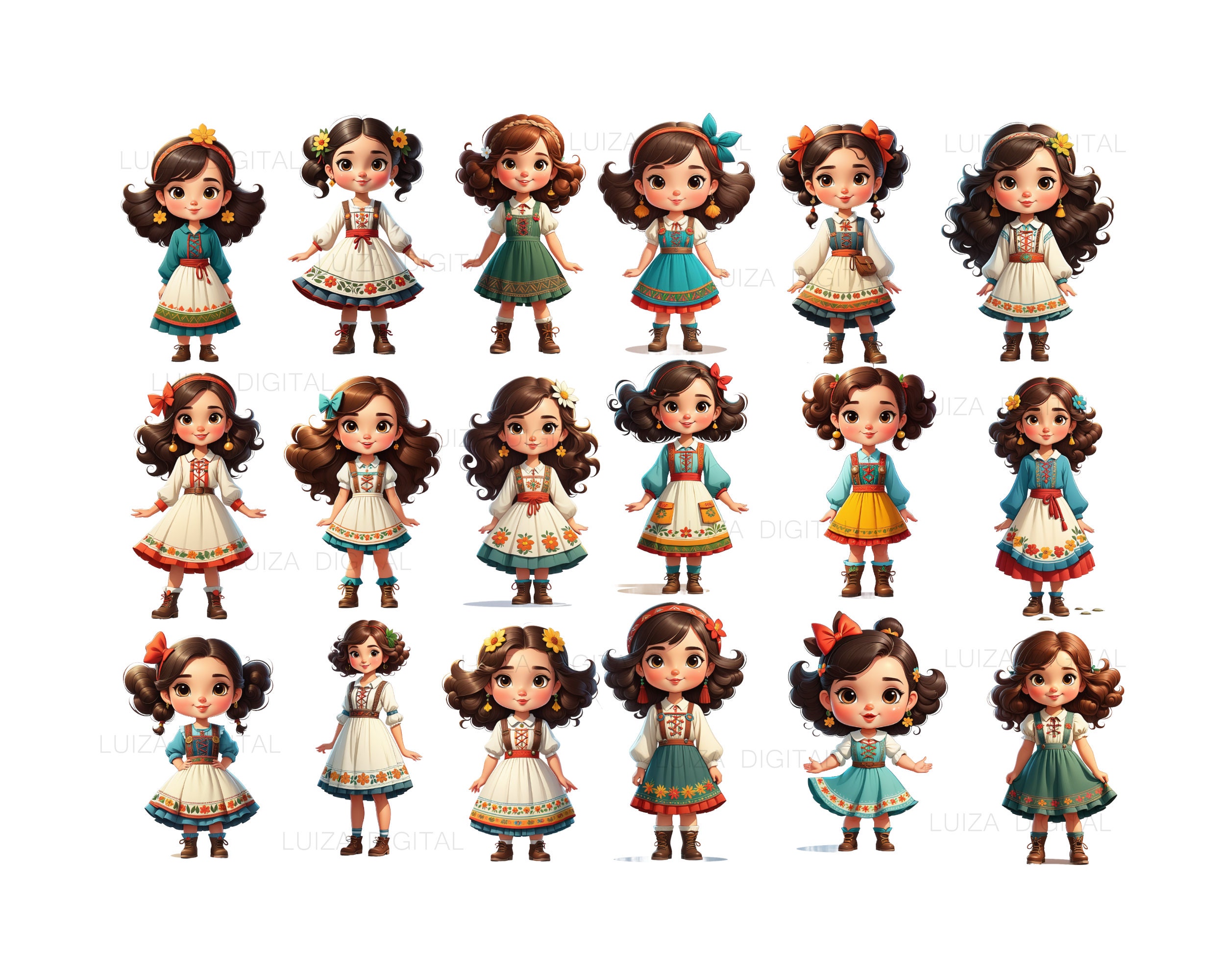 Cartoon Girl Folk Art Clipart, Scandinavian Valentines Girl, Folk Woman ...