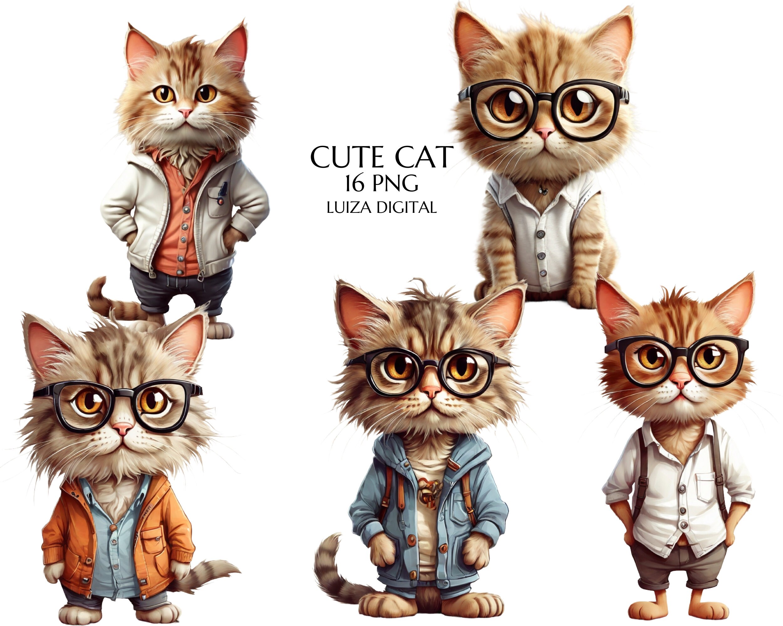 Cute Cat Clipart Bundle, Clip Art Set of 20 High Quality Pngs, Happy ...
