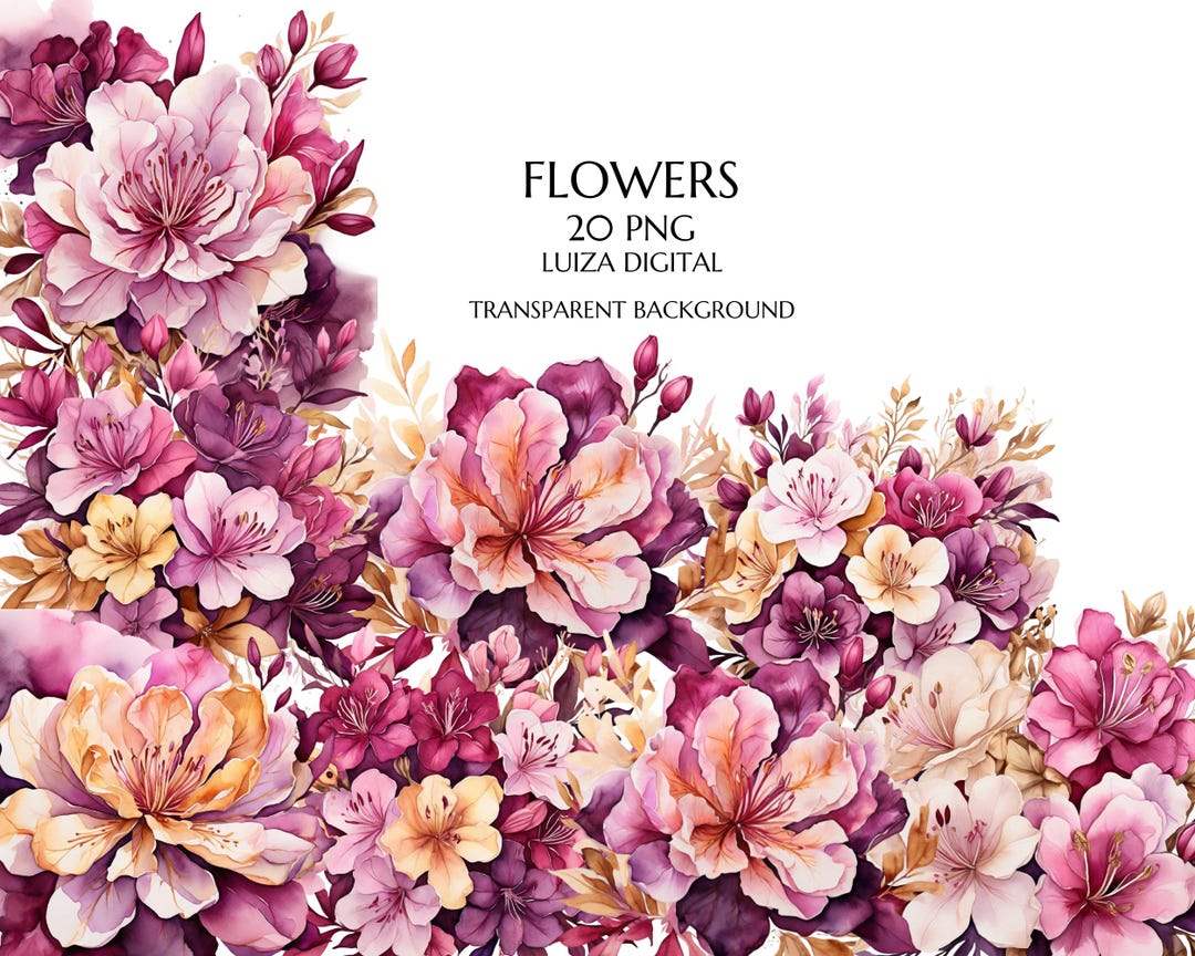 Pink & Gold Flowers PNG, Watercolor Magenta Floral Clipart Bouquets ...