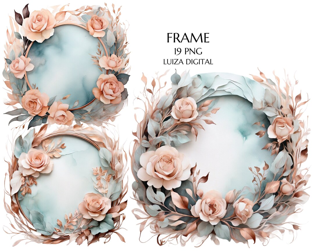 Rose Gold and Teal Roses PNG, Watercolor Frame Clipart Bouquets ...