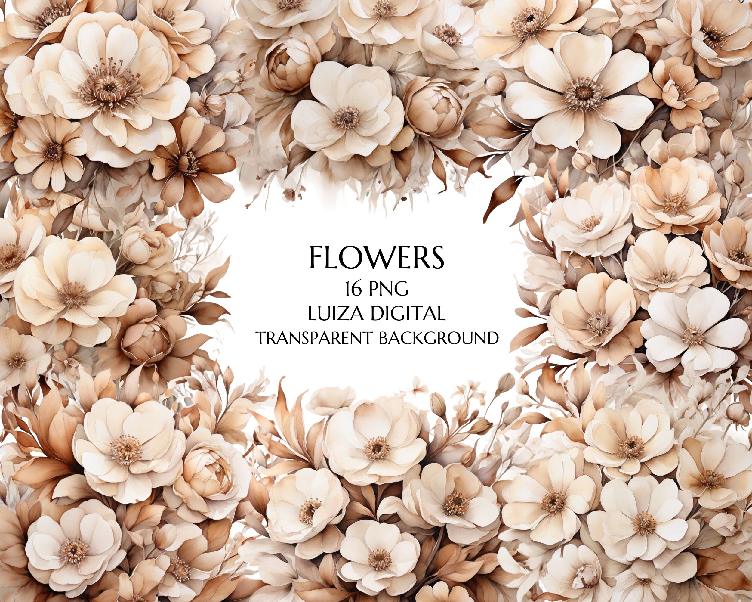 Neutral Flowers PNG, Watercolor Floral Clipart Bouquets, Wedding ...