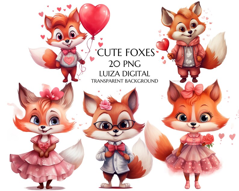 Valentines Fox Clipart, Valentine Woodland Animal Clipart, Romantic Fox ...