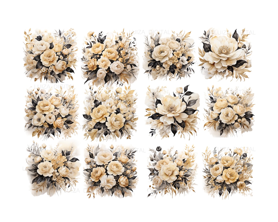 Black and Gold Flowers PNG, Watercolor Floral Clipart Bouquets, Wedding ...
