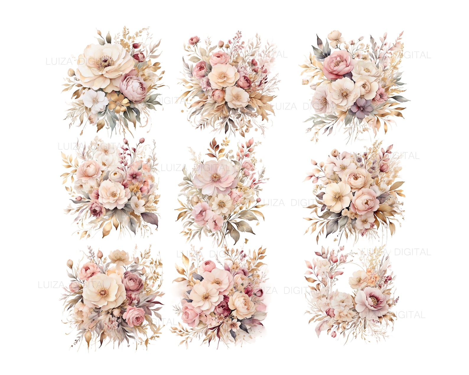 Rose Gold Flowers PNG, Watercolor Floral Clipart Bouquets, Wedding ...