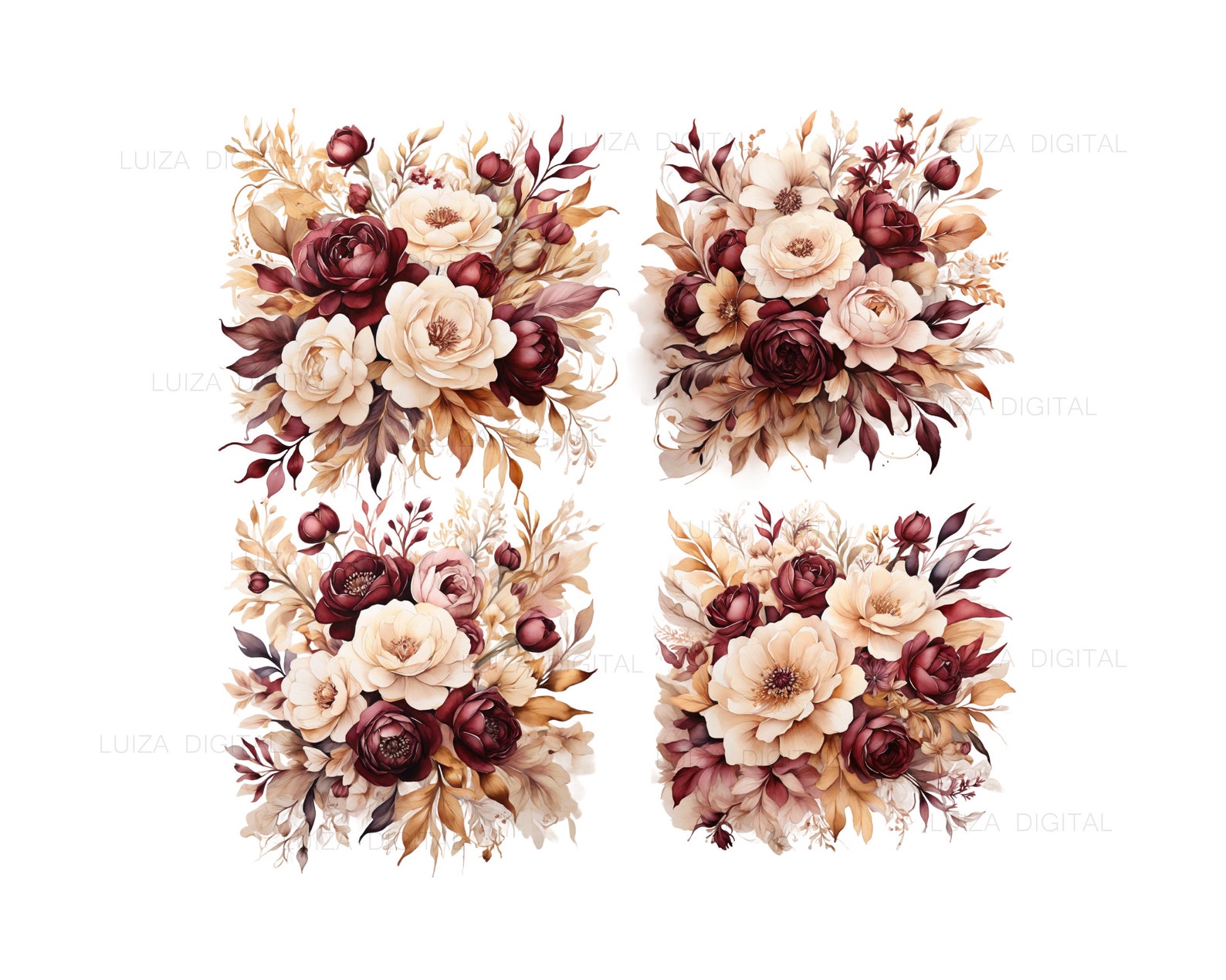 Burgundy and Gold Flowers PNG, Watercolor Burgundy Bouquets Clipart ...