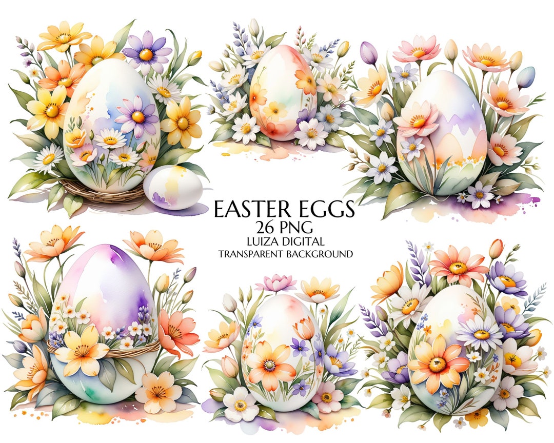 Wildflowers Egg Clipart, Watercolor Easter Eggs Clipart, Whimsical ...
