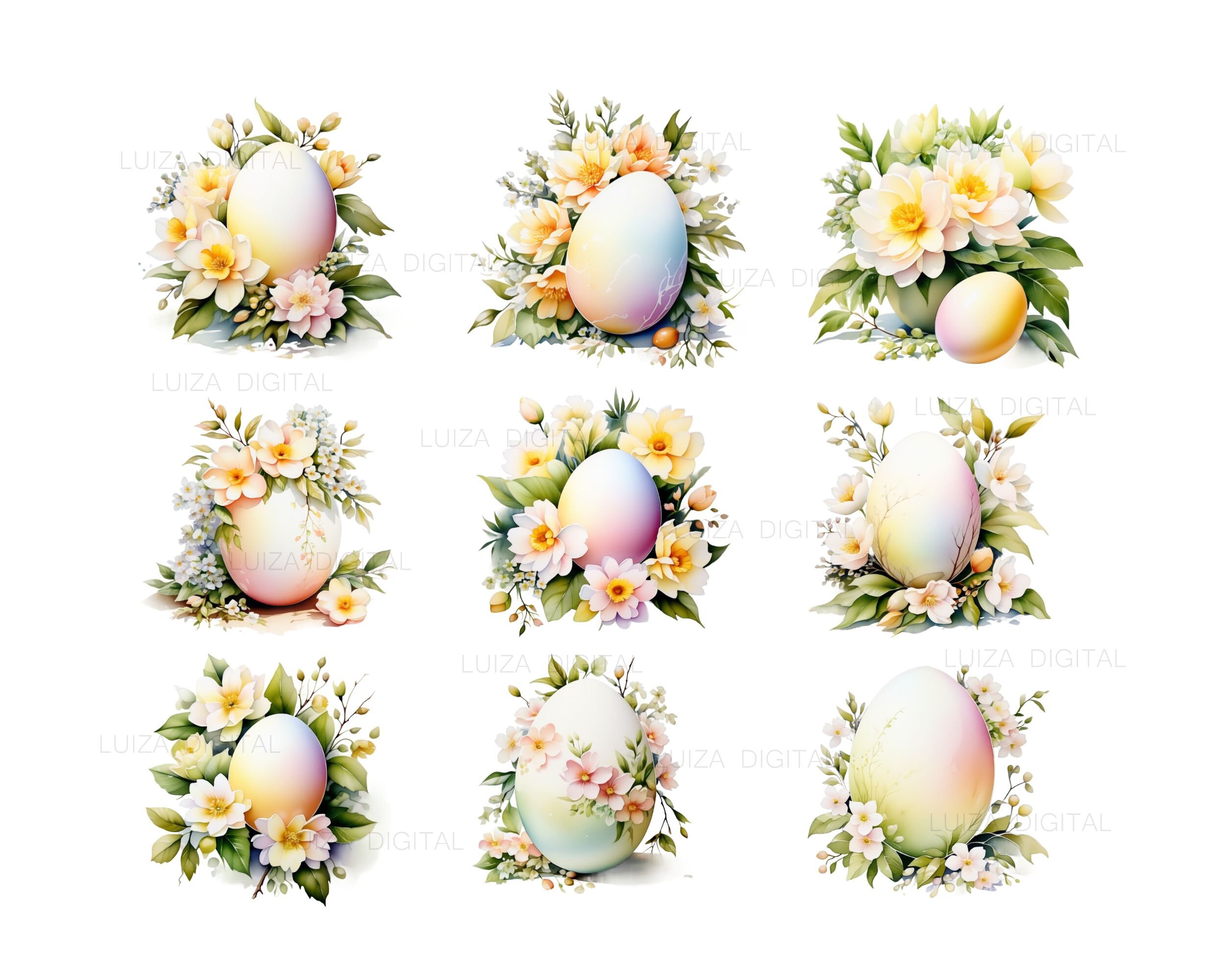 Floral Egg Clipart, Watercolor Easter Eggs Clipart, Whimsical 3D Easter ...