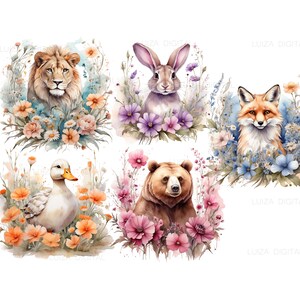 Floral Animal Clipart, Watercolor Spring Clipart, Lion, Giraffe, Bear ...