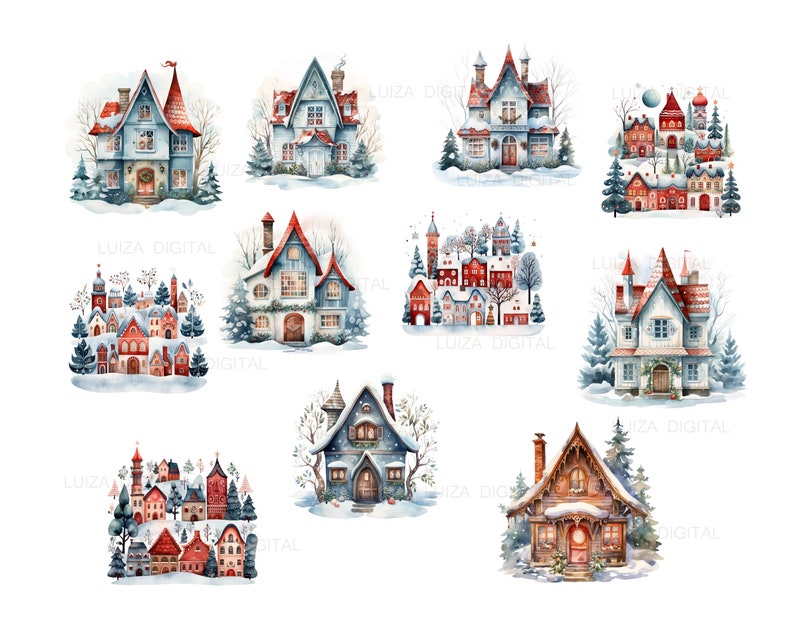 Scandinavian Christmas House Clipart Watercolor Folk - Etsy