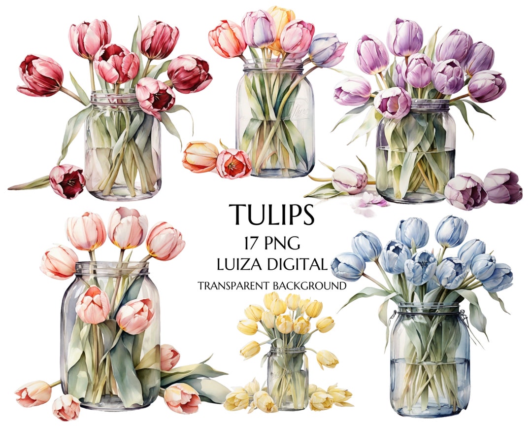 Watercolor Tulips Clipart, Tulips in Jar Clipart, Spring Clipart ...