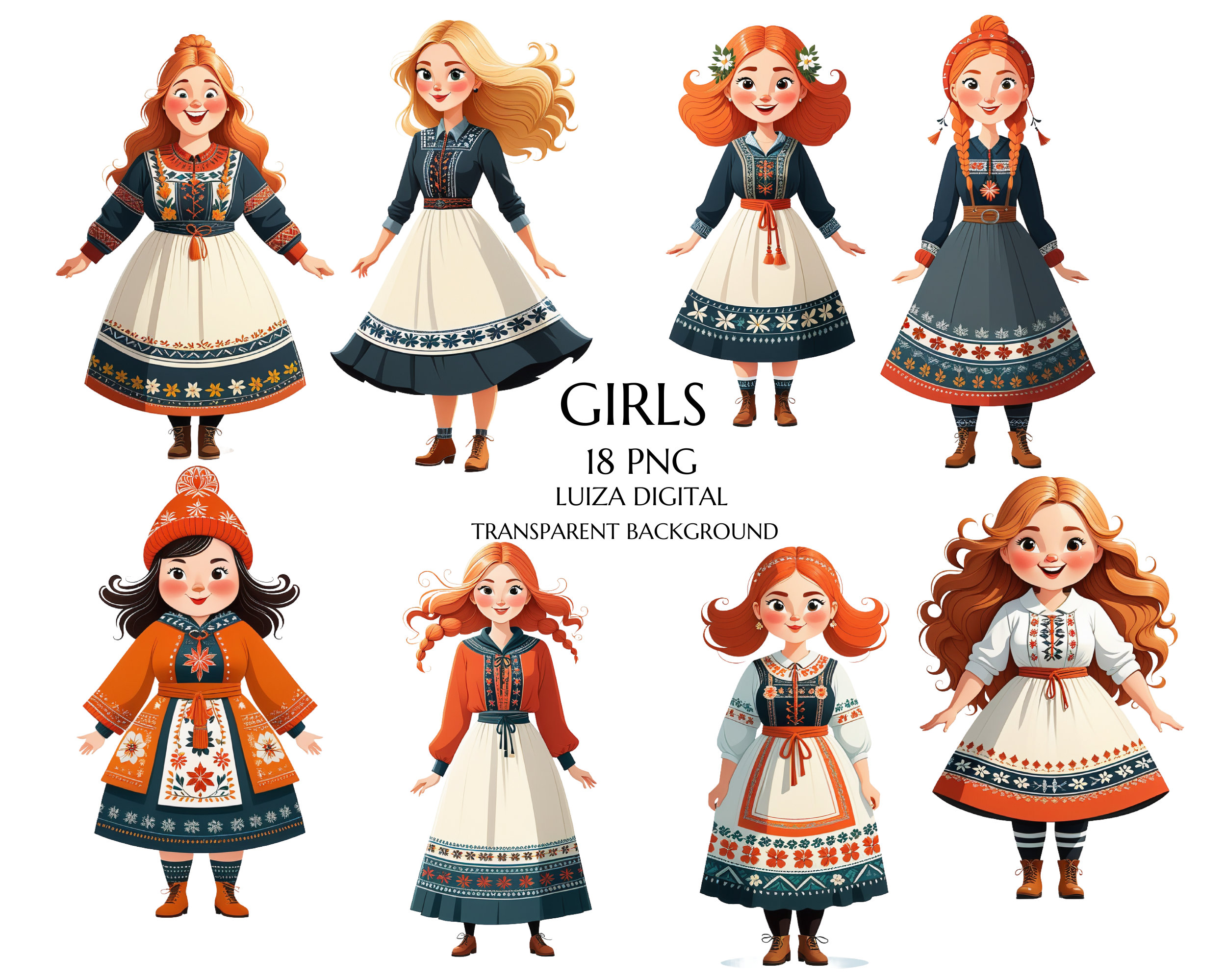 Cartoon Girl Folk Art Clipart, Scandinavian Valentines Girl, Folk Woman ...