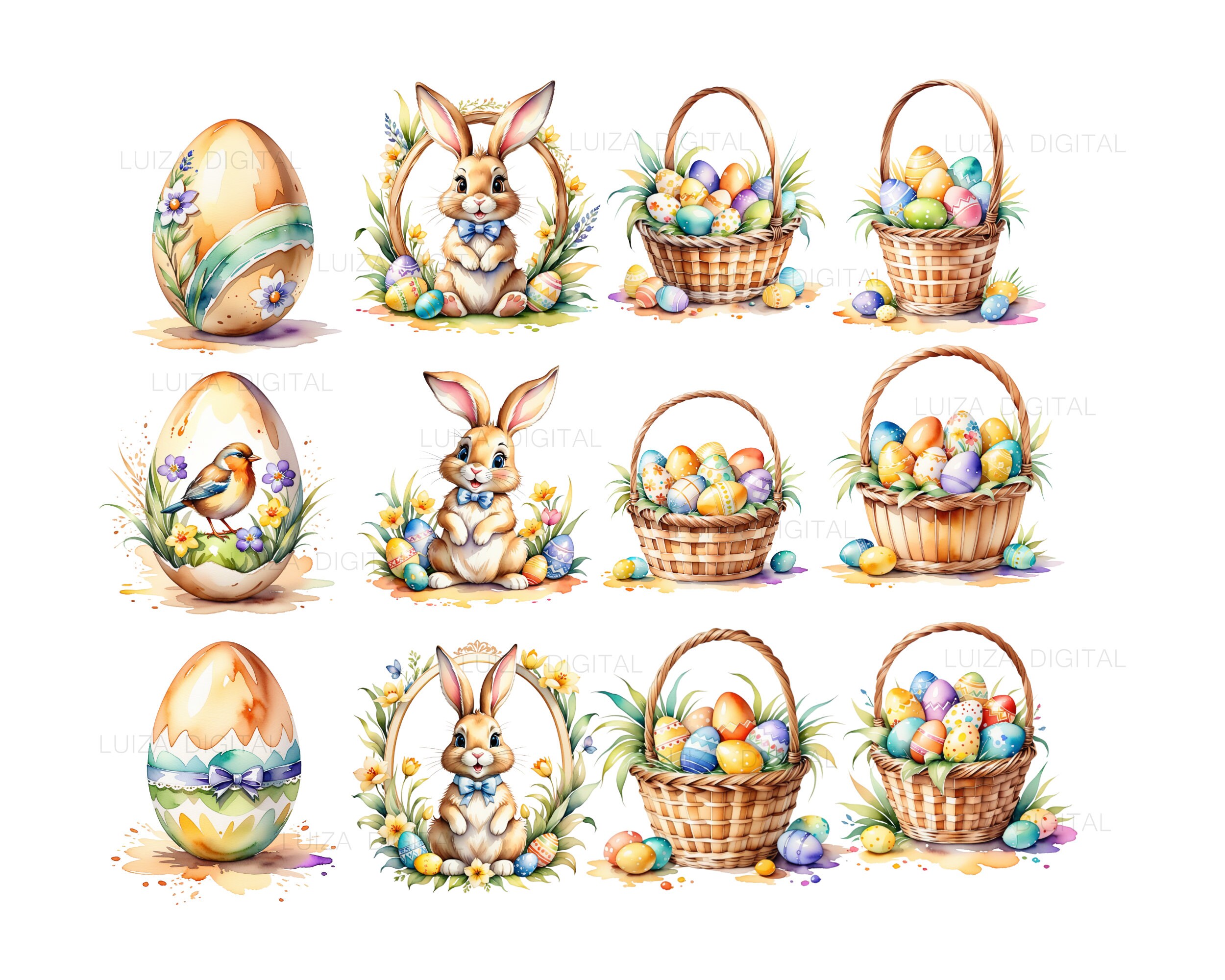 Cute Easter Bunny Clipart, Easter Egg Basket Png, Boho Nursery Graphic ...
