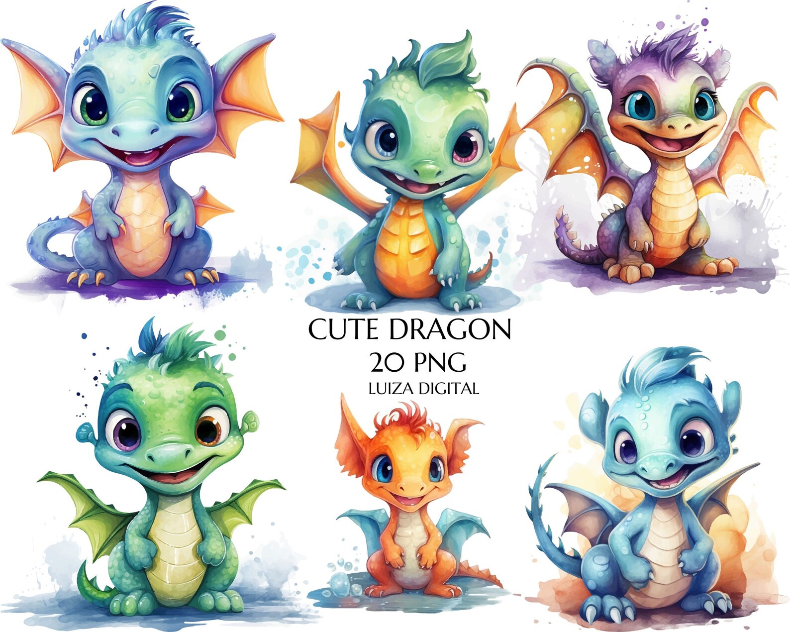 Cute Baby Dragon Clipart Bundle, Watercolor Fantasy Baby Dragon Clipart ...