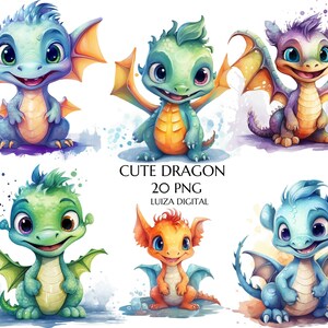 Cute Baby Dragon Clipart Bundle, Watercolor Fantasy Baby Dragon Clipart ...