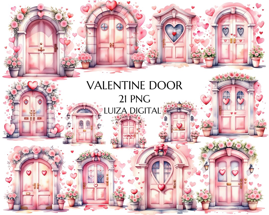 Watercolor Pink Valentine Door Clipart, Front Entrance, Door Frame ...
