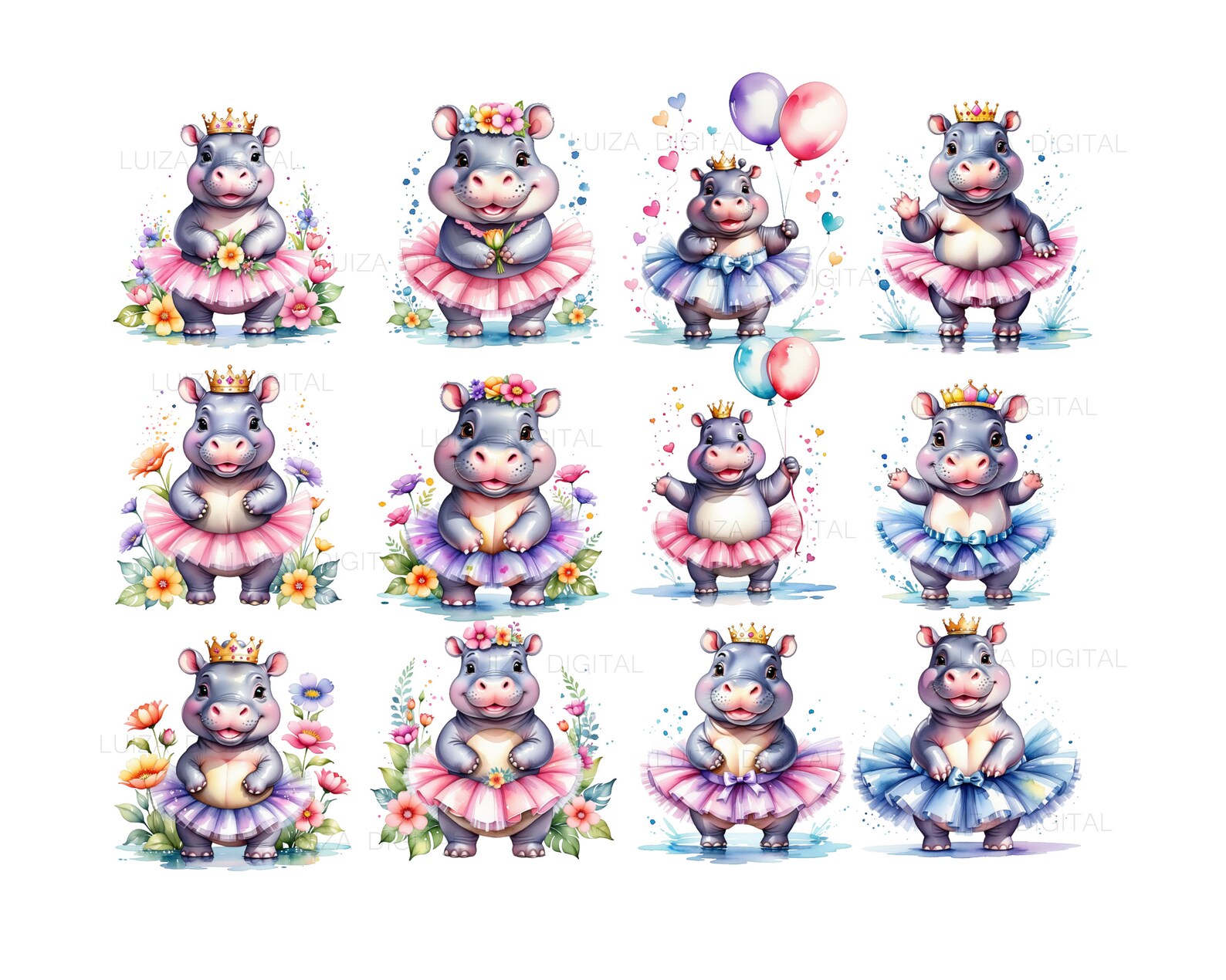 Watercolor Hippo in Tutu Clipart, Ballerina Hippo Png, Baby Animal ...