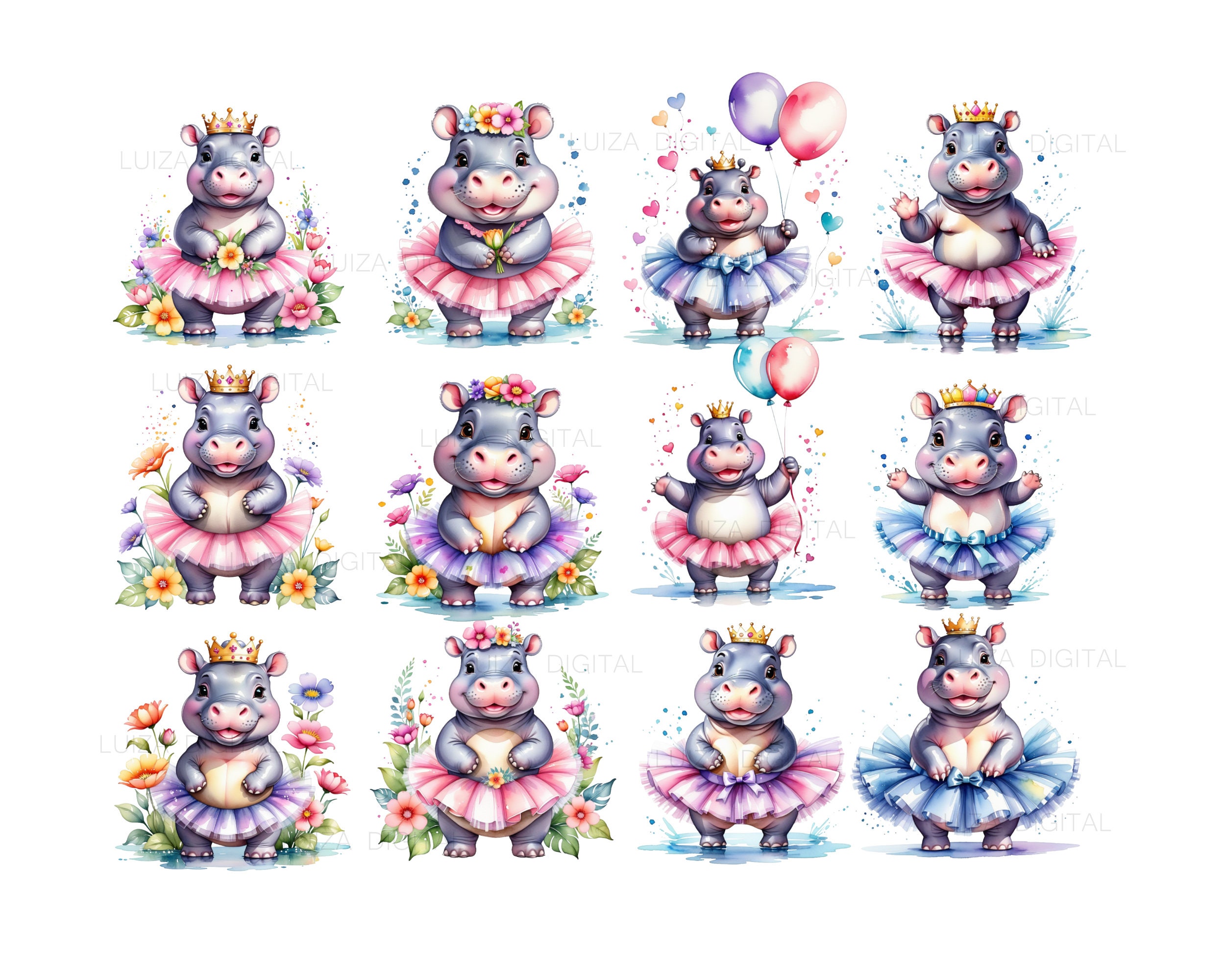 Watercolor Hippo in Tutu Clipart, Ballerina Hippo Png, Baby Animal ...