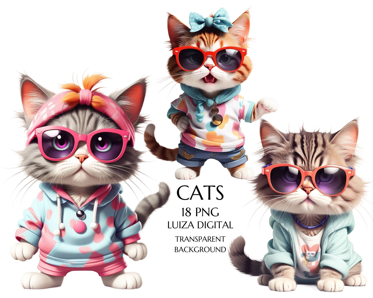 Cute Cat Clipart Bundle, Clip Art Set of 18 High Quality Pngs, Happy ...