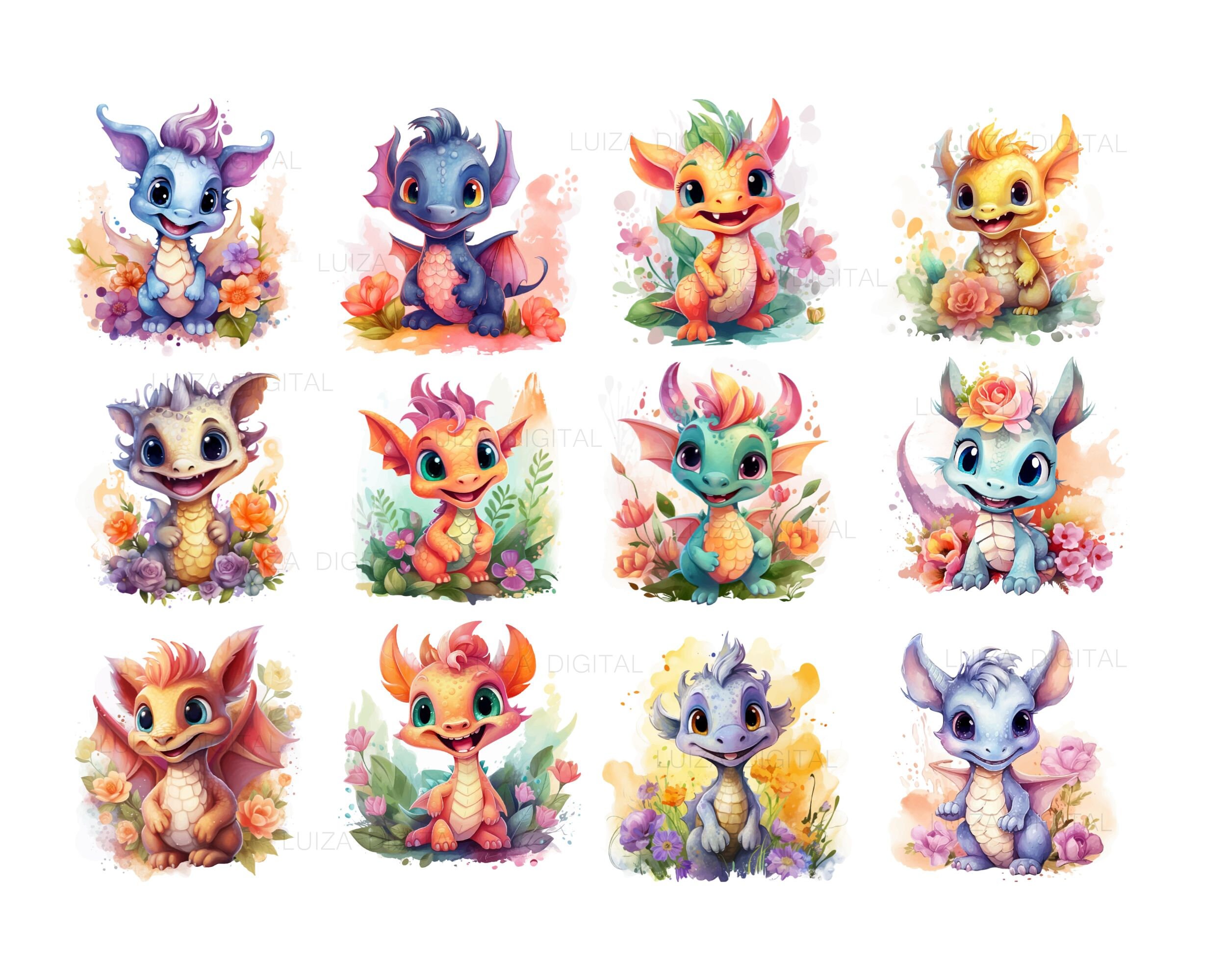 Cute Baby Dragon Clipart Bundle Watercolor Fantasy Floral - Etsy
