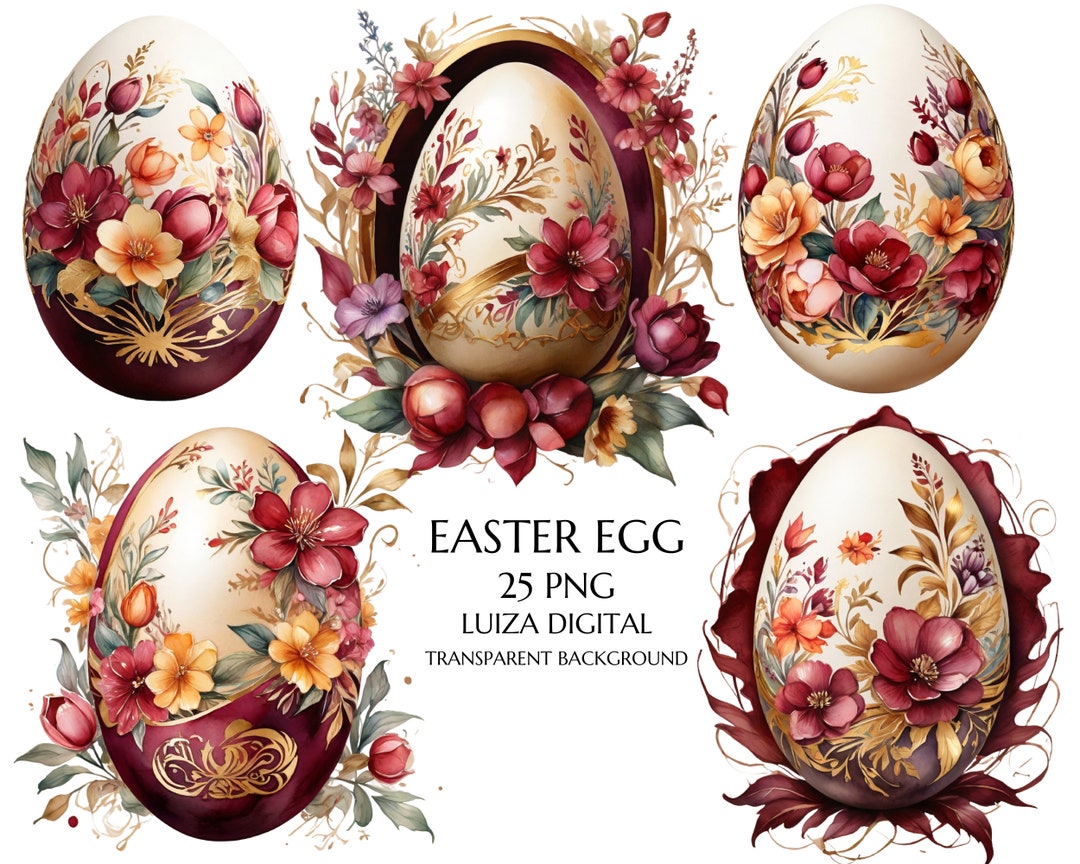 Elegant Floral Easter Egg Clipart, Gold Easter Egg Clipart, Transparent ...