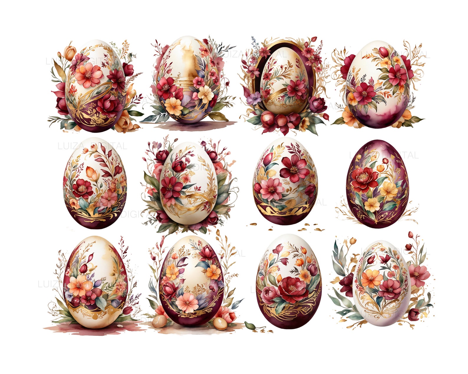 Elegant Floral Easter Egg Clipart, Gold Easter Egg Clipart, Transparent ...