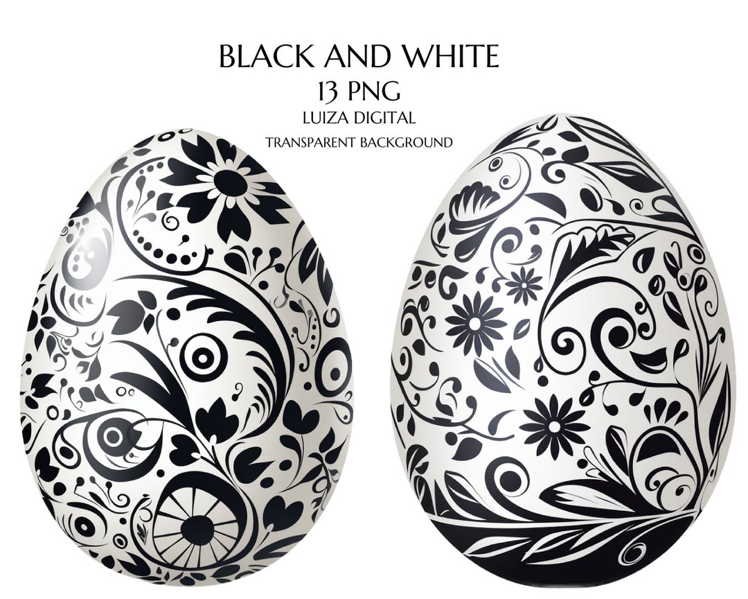 Black and White Easter Egg Clipart, Whimsical Easter Egg PNG, Floral ...