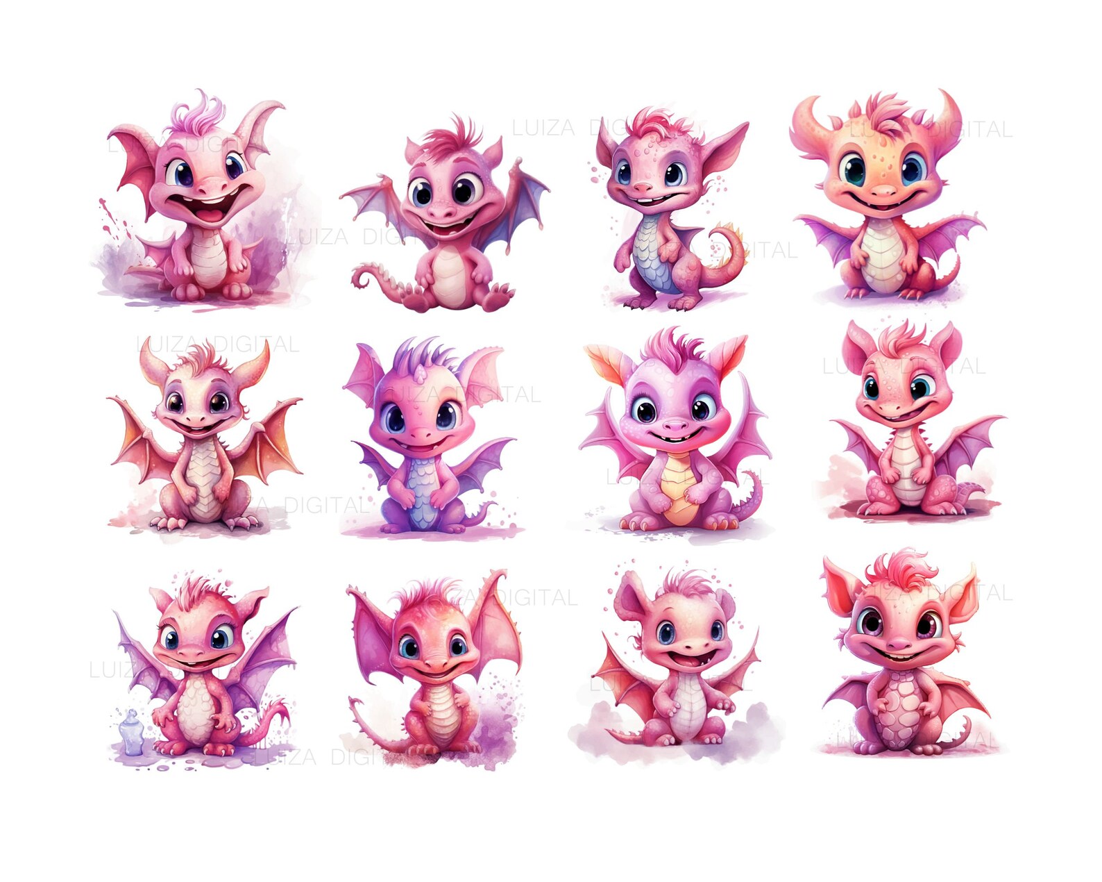 Cute Pink Baby Dragon Clipart Bundle, Watercolor Fantasy Valentines ...