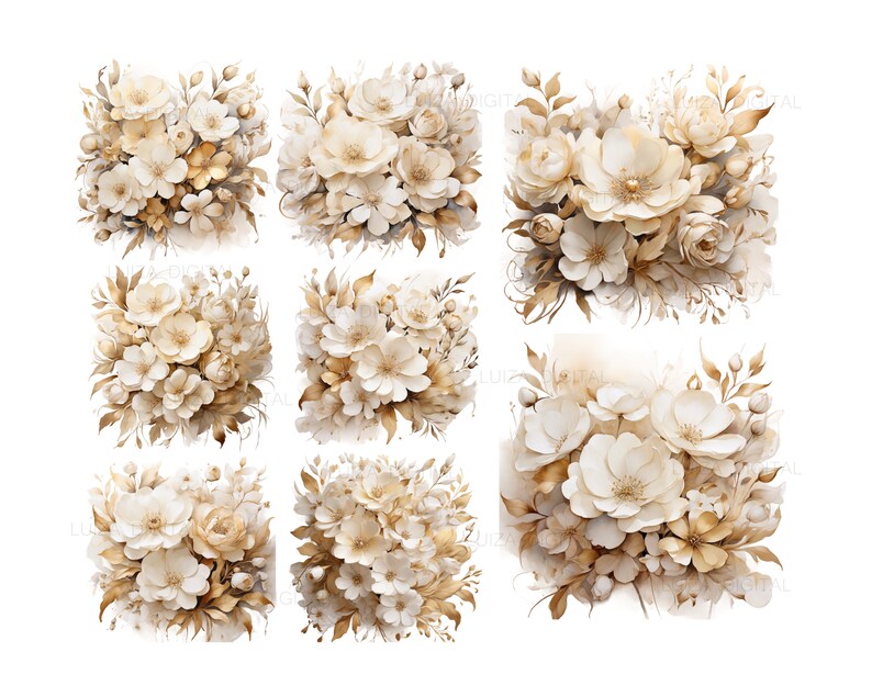 White and Gold Flowers PNG, Watercolor Floral Clipart Bouquets, Wedding ...