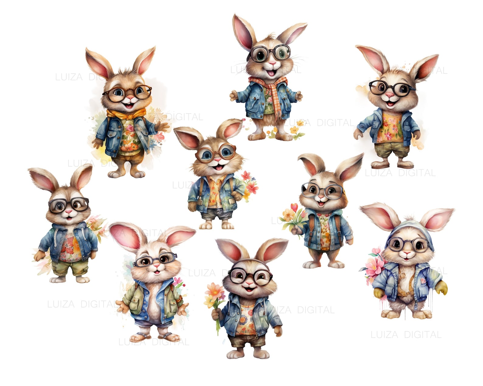 Floral Boy Bunny Clipart, Vintage Bunny Clipart, Watercolor Easter ...