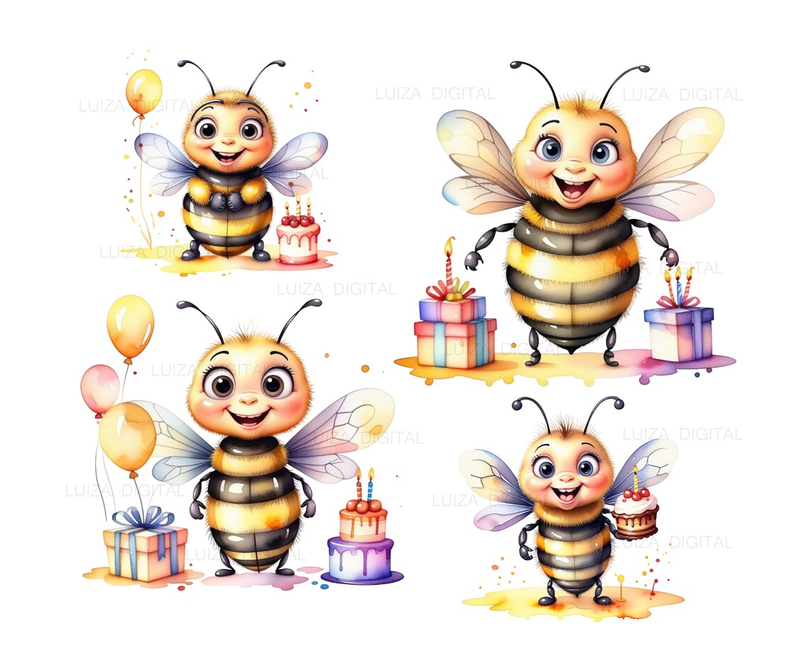 Watercolor Bees Clipart, Birthday Bees Clipart, Cute Baby Bee Clipart ...