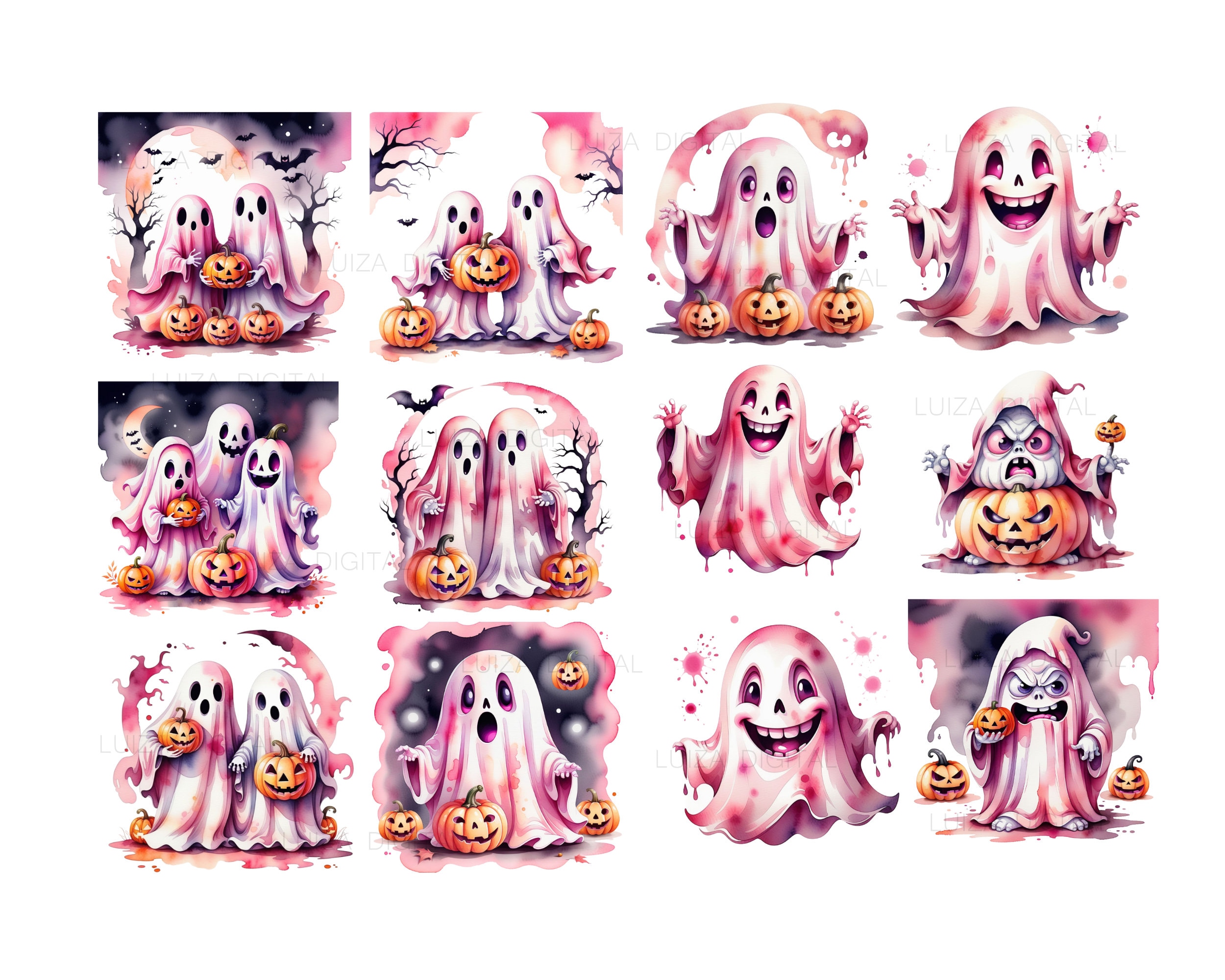 Halloween Pink Ghost Clipart, Halloween Pumpkin Clipart Bundle, Cute ...