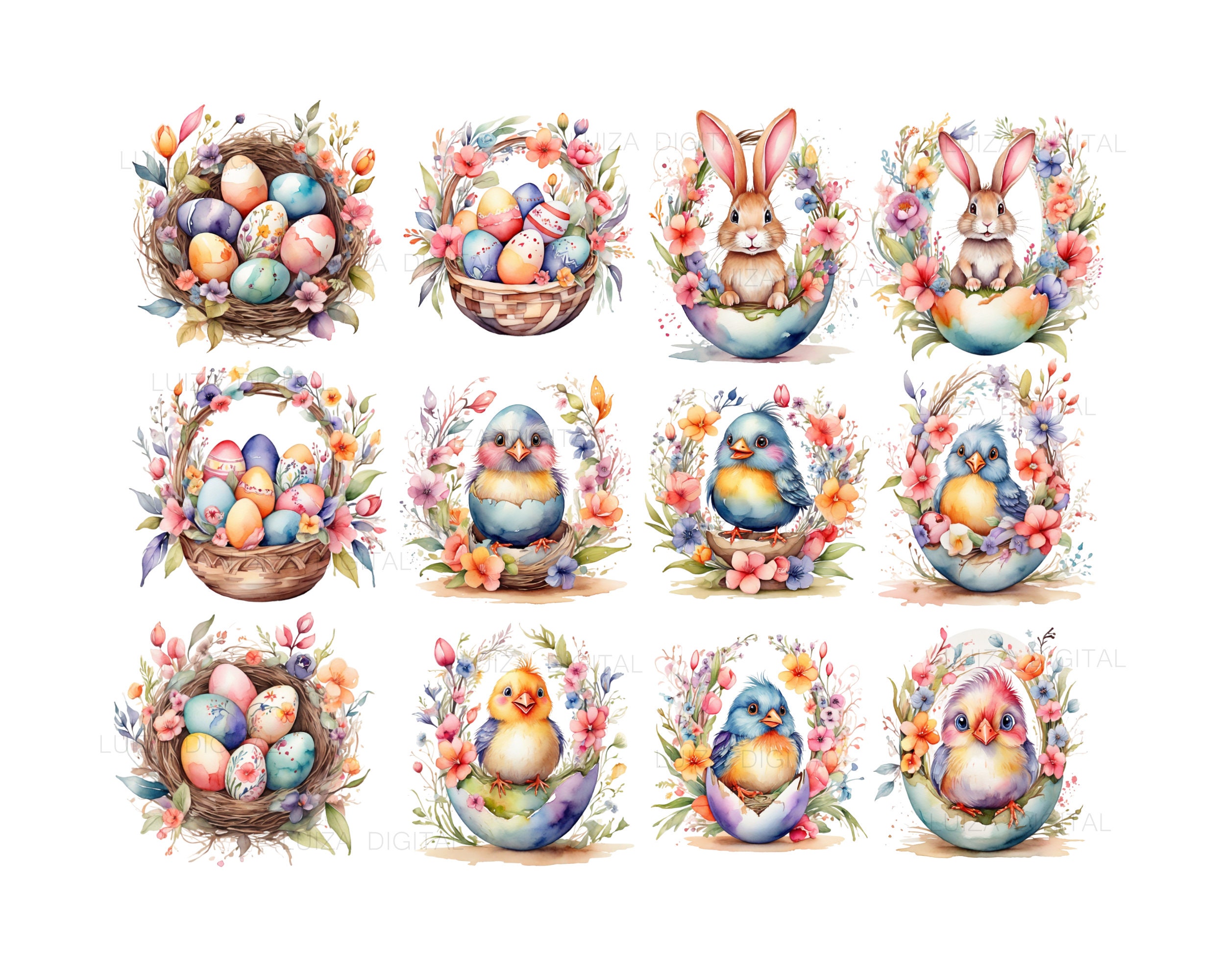 Boho Easter Bunny Clipart, Rabbit Clipart, Easter Eggs With Flowers ...
