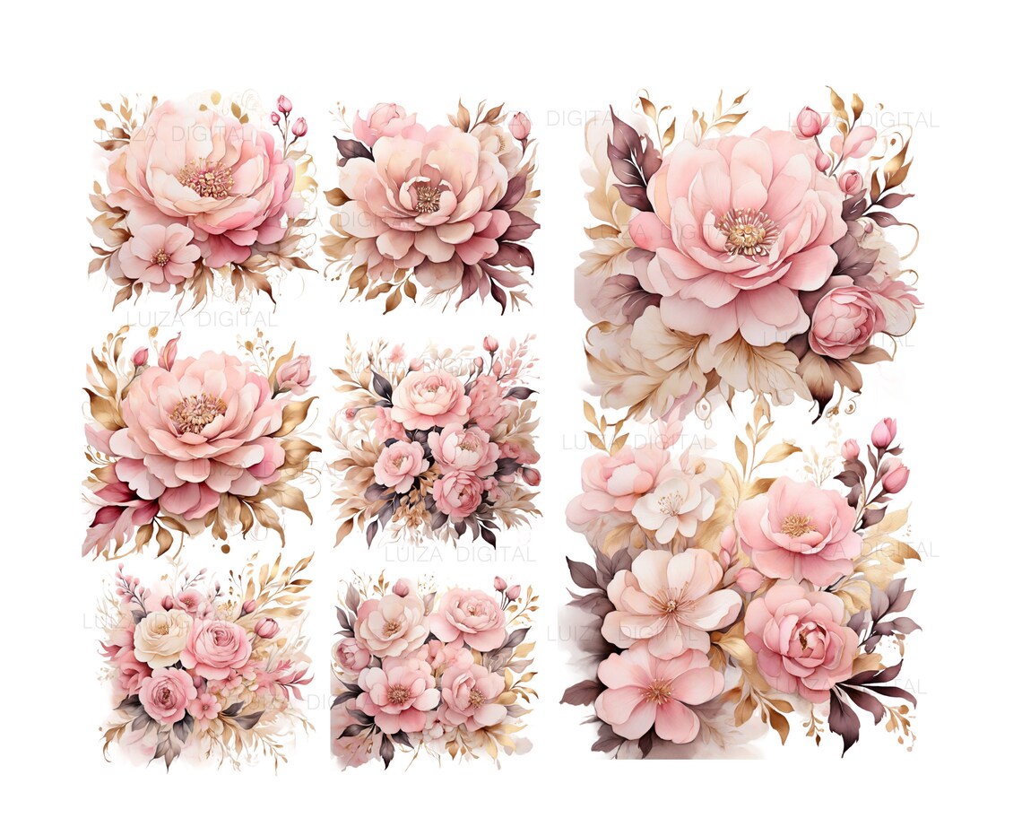 Pink & Gold Flowers PNG, Watercolor Floral Clipart Bouquets, Wedding ...