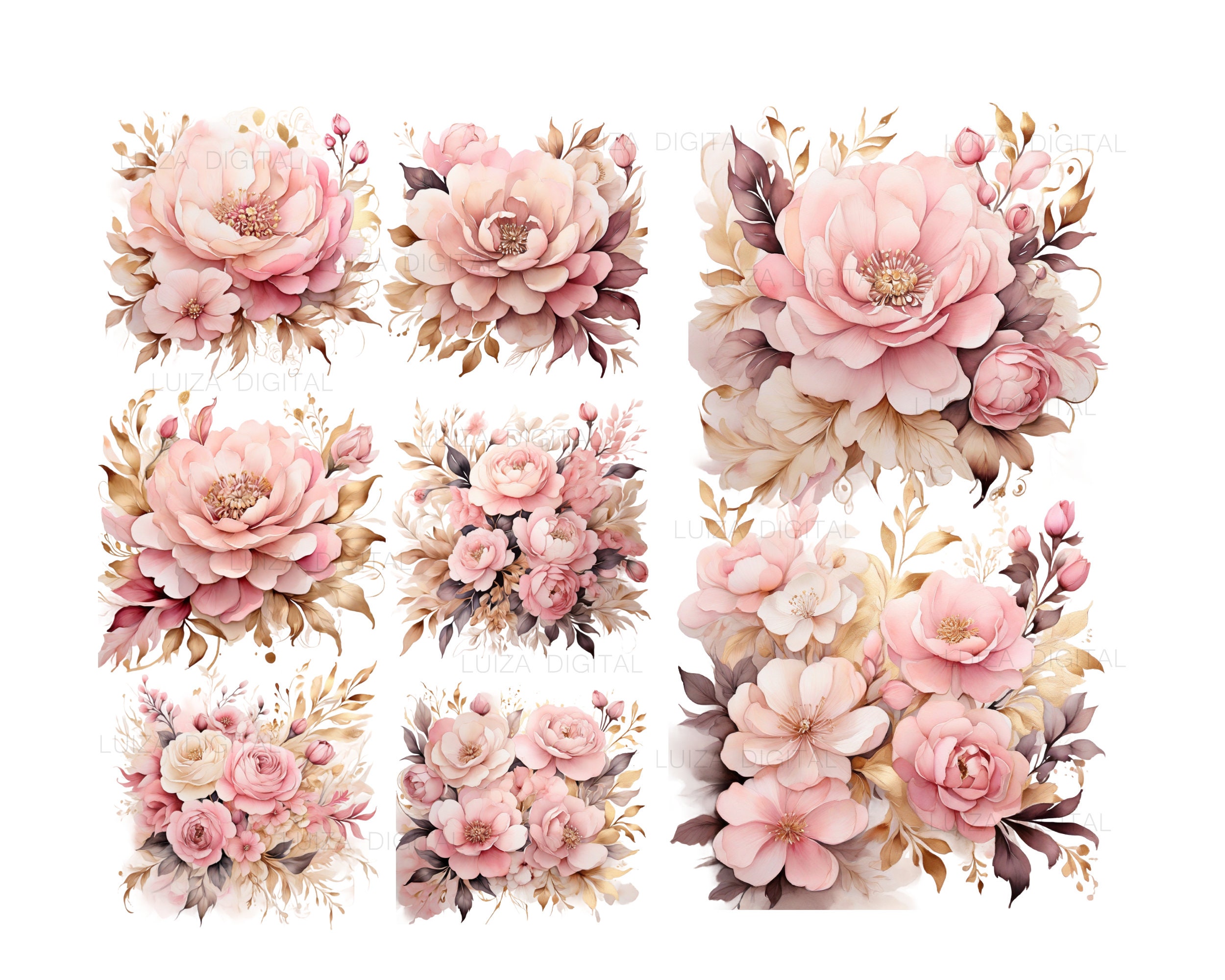 Pink & Gold Flowers PNG, Watercolor Floral Clipart Bouquets, Wedding ...
