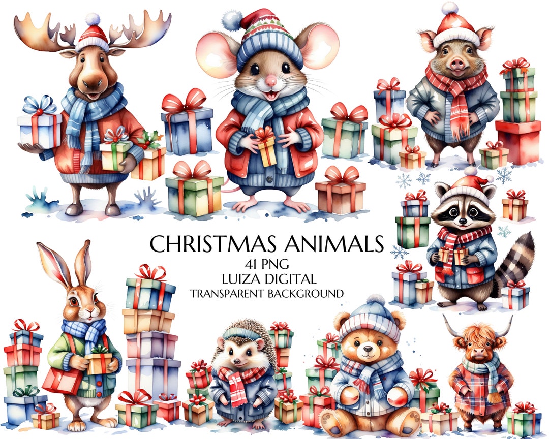 Christmas Animals Clipart Bundle, Woodland Animal & Gift Box Clipart ...