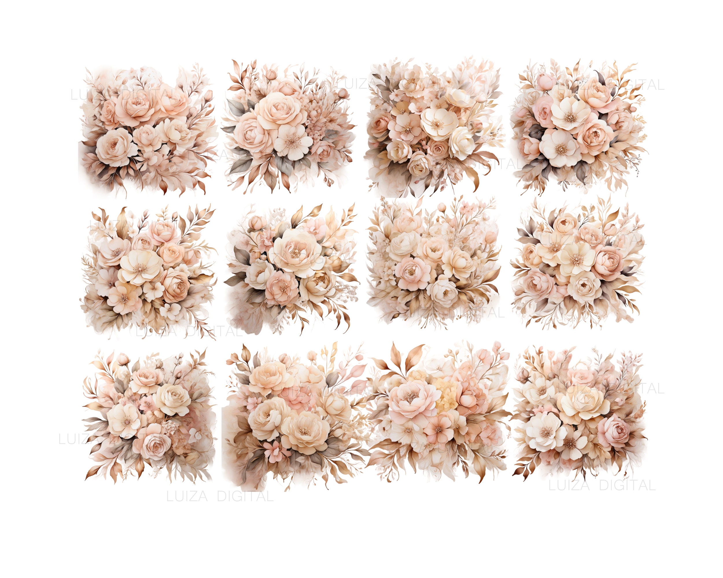 Pink & Gold Flowers PNG, Watercolor Floral Clipart Bouquets, Wedding ...