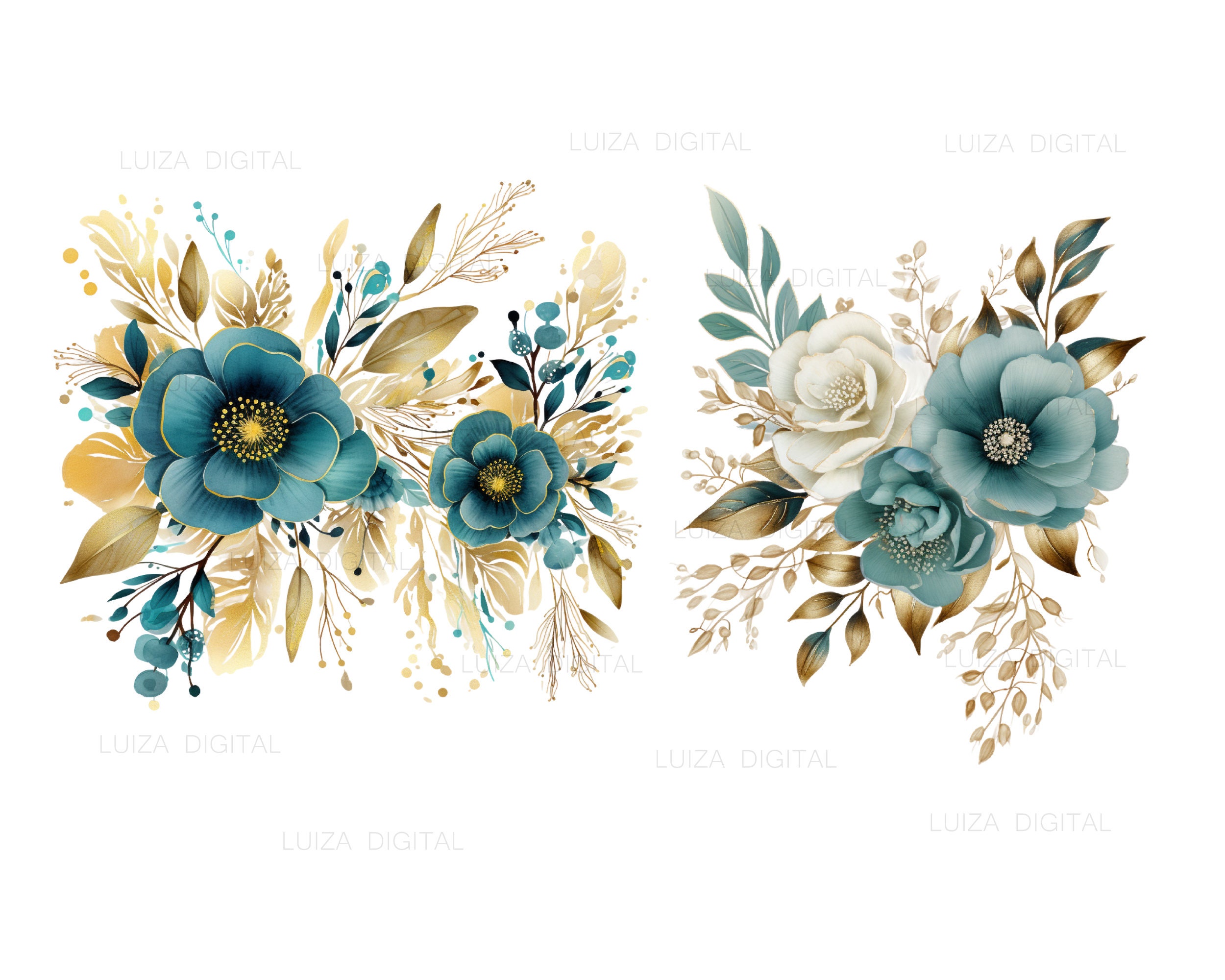 Teal and Gold Flowers PNG, Watercolor Floral Clipart Bouquets, Wedding ...