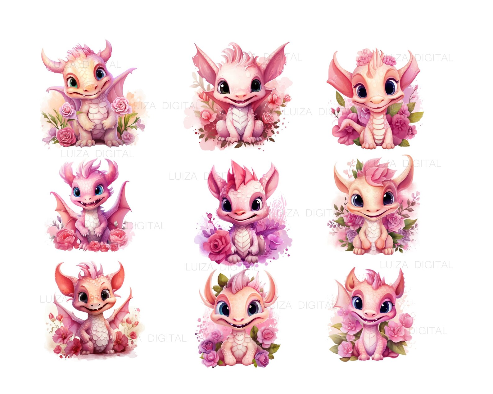 Cute Pink Baby Dragon Clipart Bundle, Watercolor Fantasy Floral Dragon ...